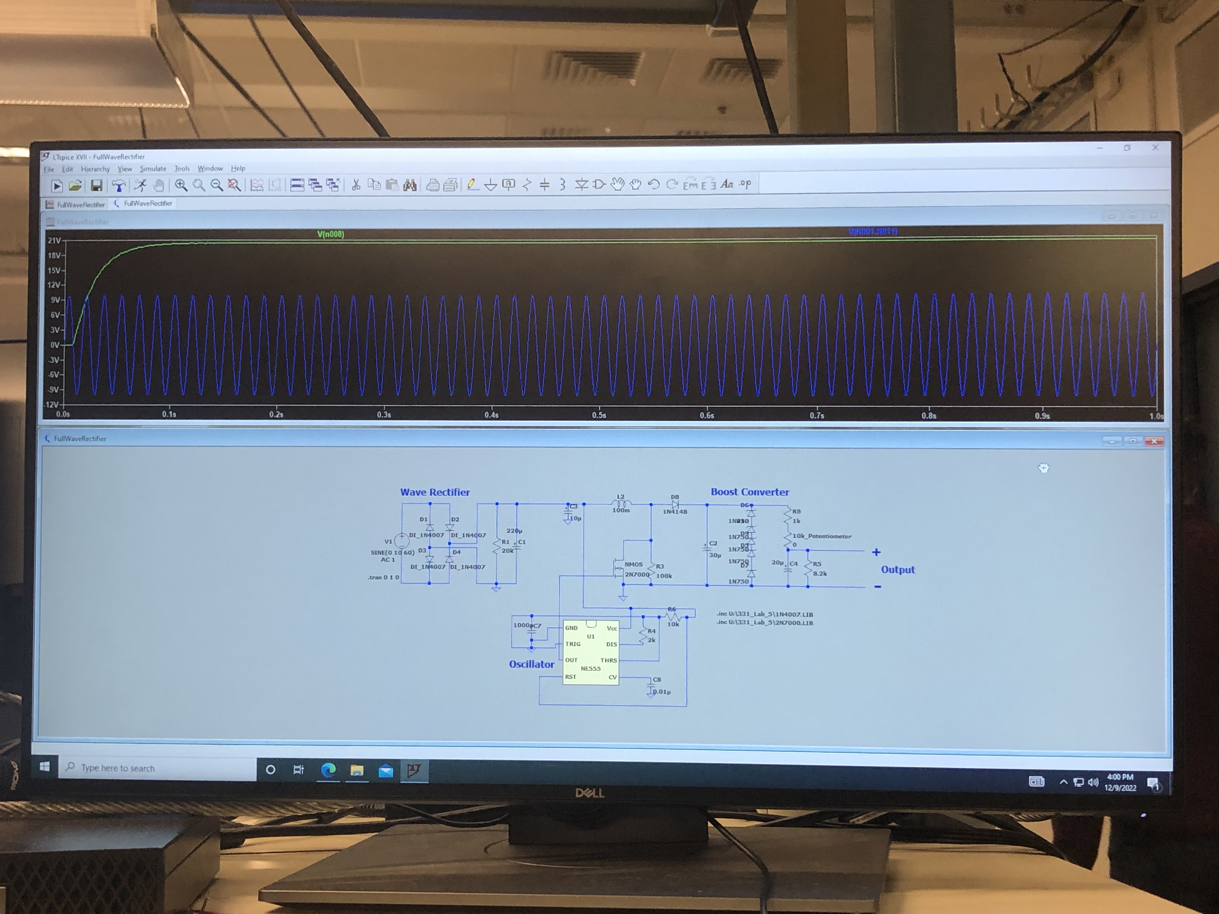 An LTSPice simulation showing an AC input wave of 10V being converted to a DC output wave of 20V.